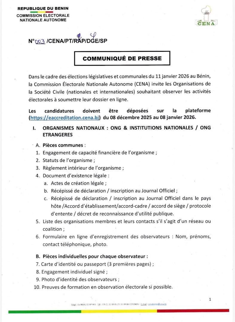 Bénin : la CENA digitalise les observations des élections des OSC avec (…) - L'investigateur